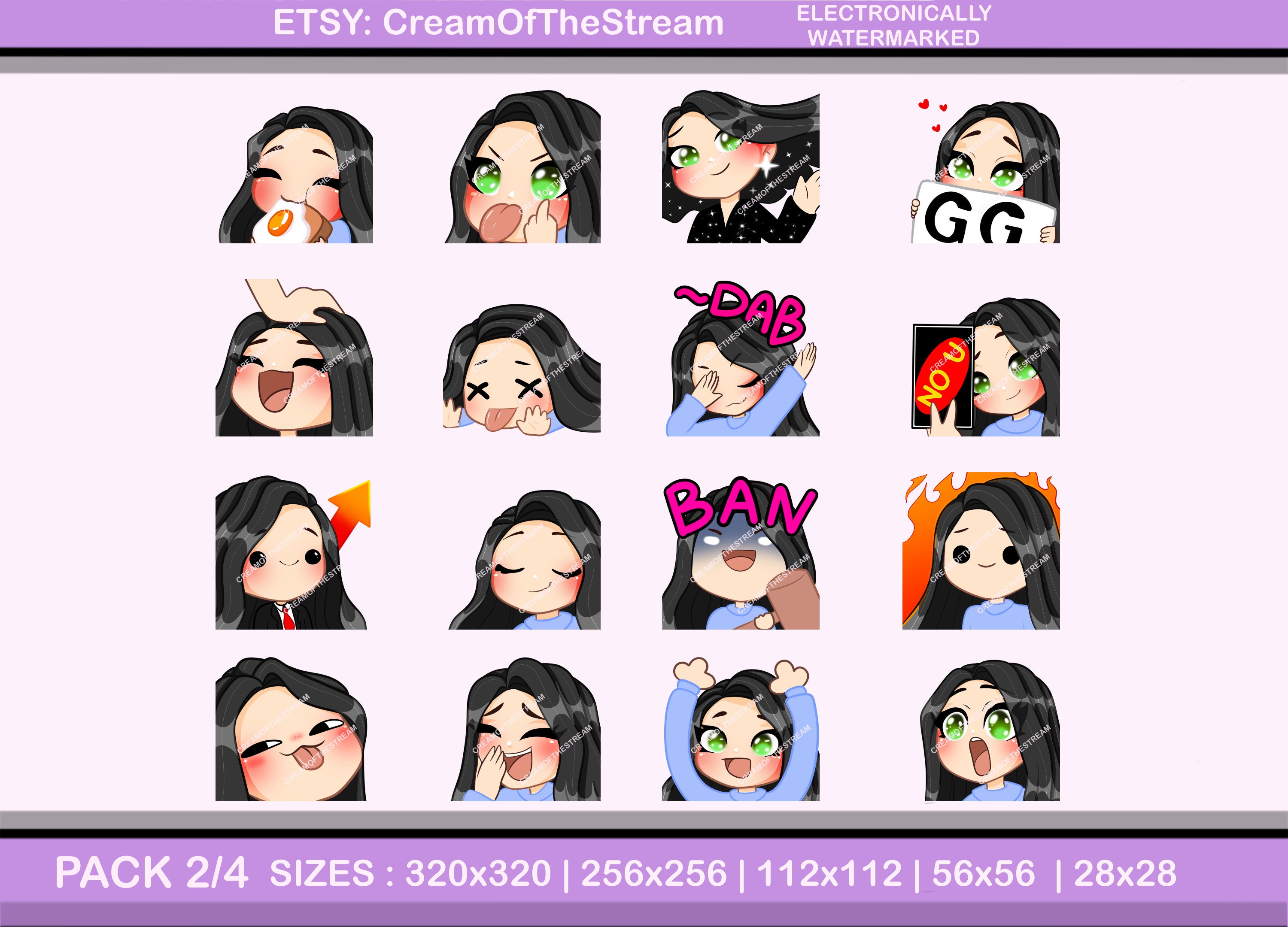 70pcs Chibi Girl Twitch Emotes ( Female RACHEL: Black Hair | Green Eyes ...