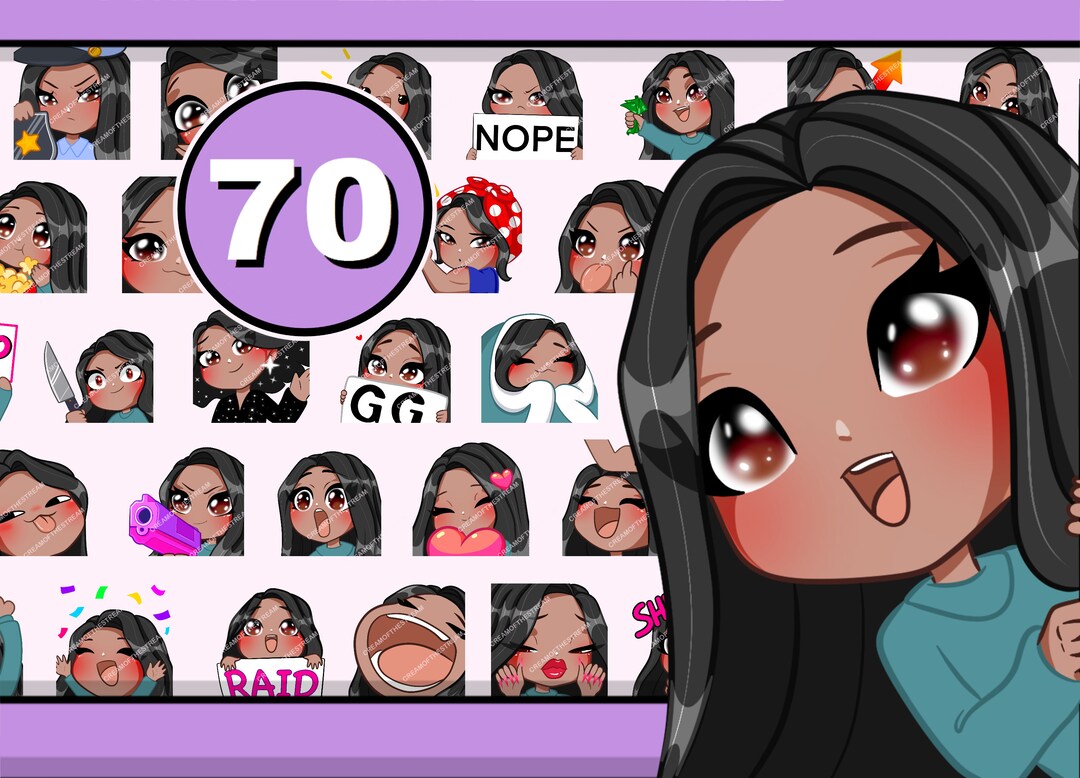 Twitch Chat Emotes 70pcs ( Girl JOAN: Black Hair | Brown Eyes | Carmel ...