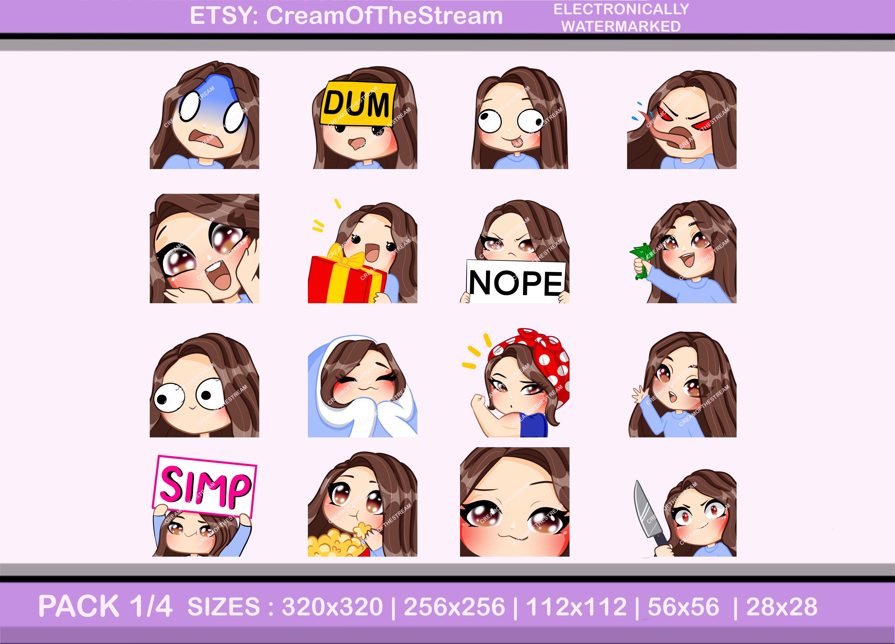 70pcs Chibi Girl Twitch Emotes ( Female Ursula : Brown Hair | Hazel ...