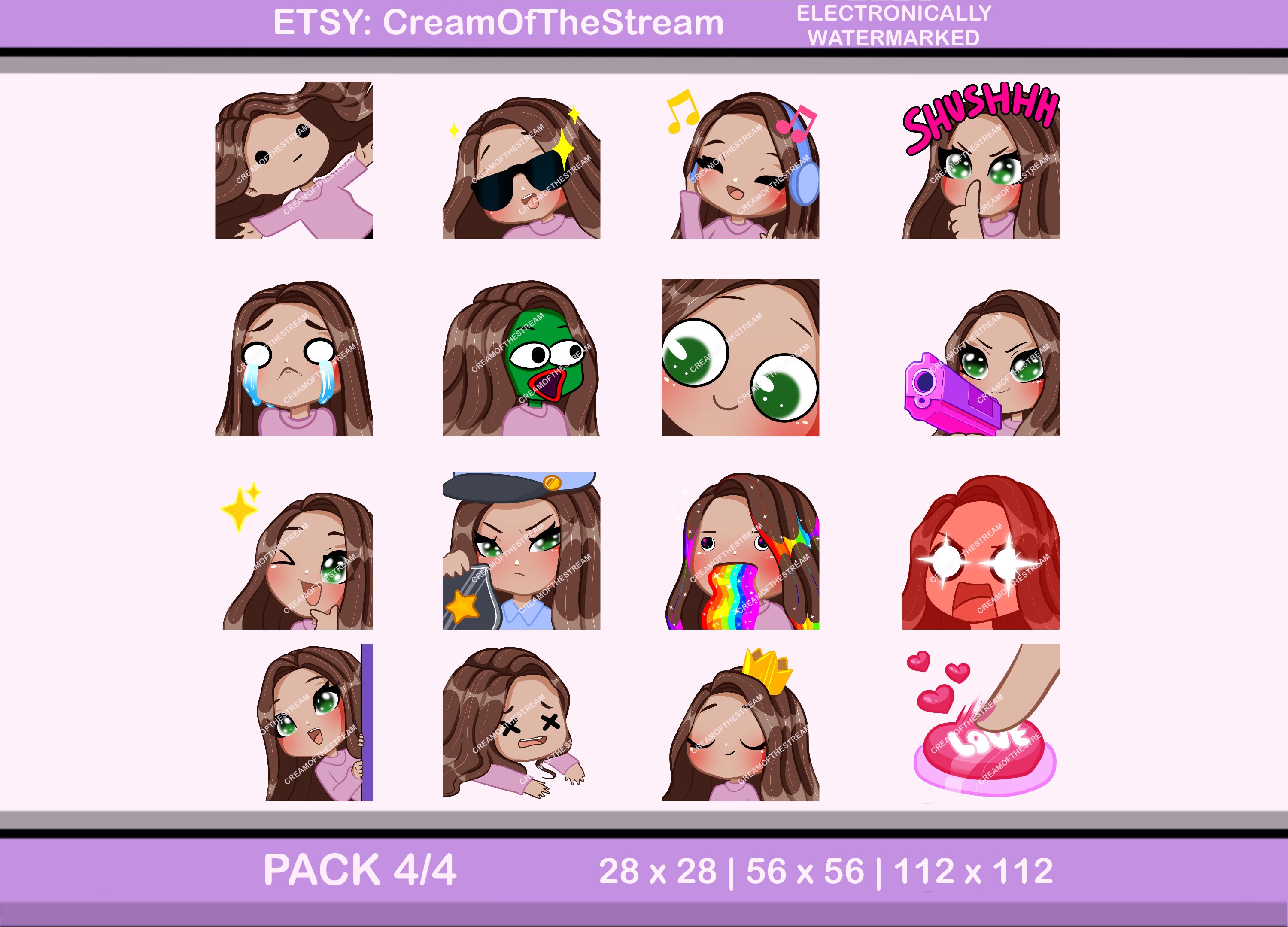Twitch Emote Pack 16pcs Girl MAGDA : Brown Hair Emerald - Etsy