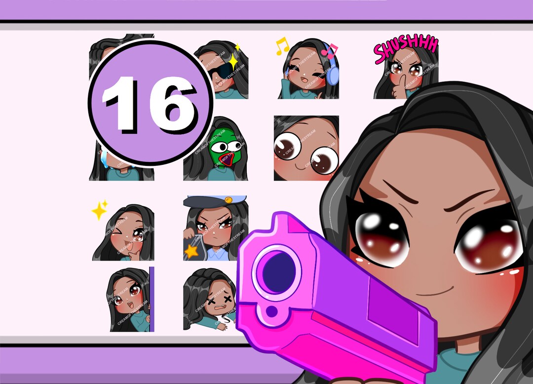 Twitch Emot Chibi Girl Emotes 16pcs ( Girl JOAN: Black Hair | Brown ...
