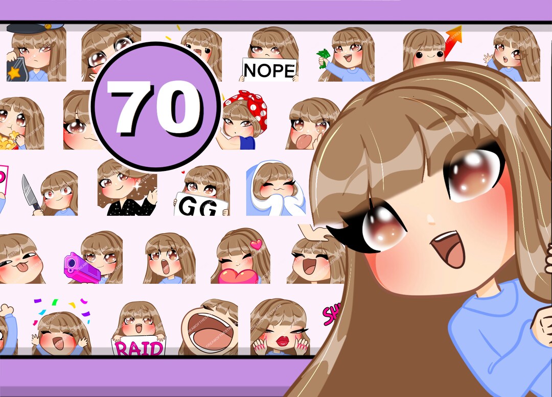 70pcs Chibi Girl Twitch Emotes ( Female XENA FRINGE : Light Brown Hair ...