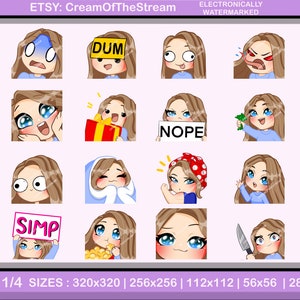 70pcs Chibi Girl Twitch Emotes ( Female EMILY : Light Brown Hair | Blue ...