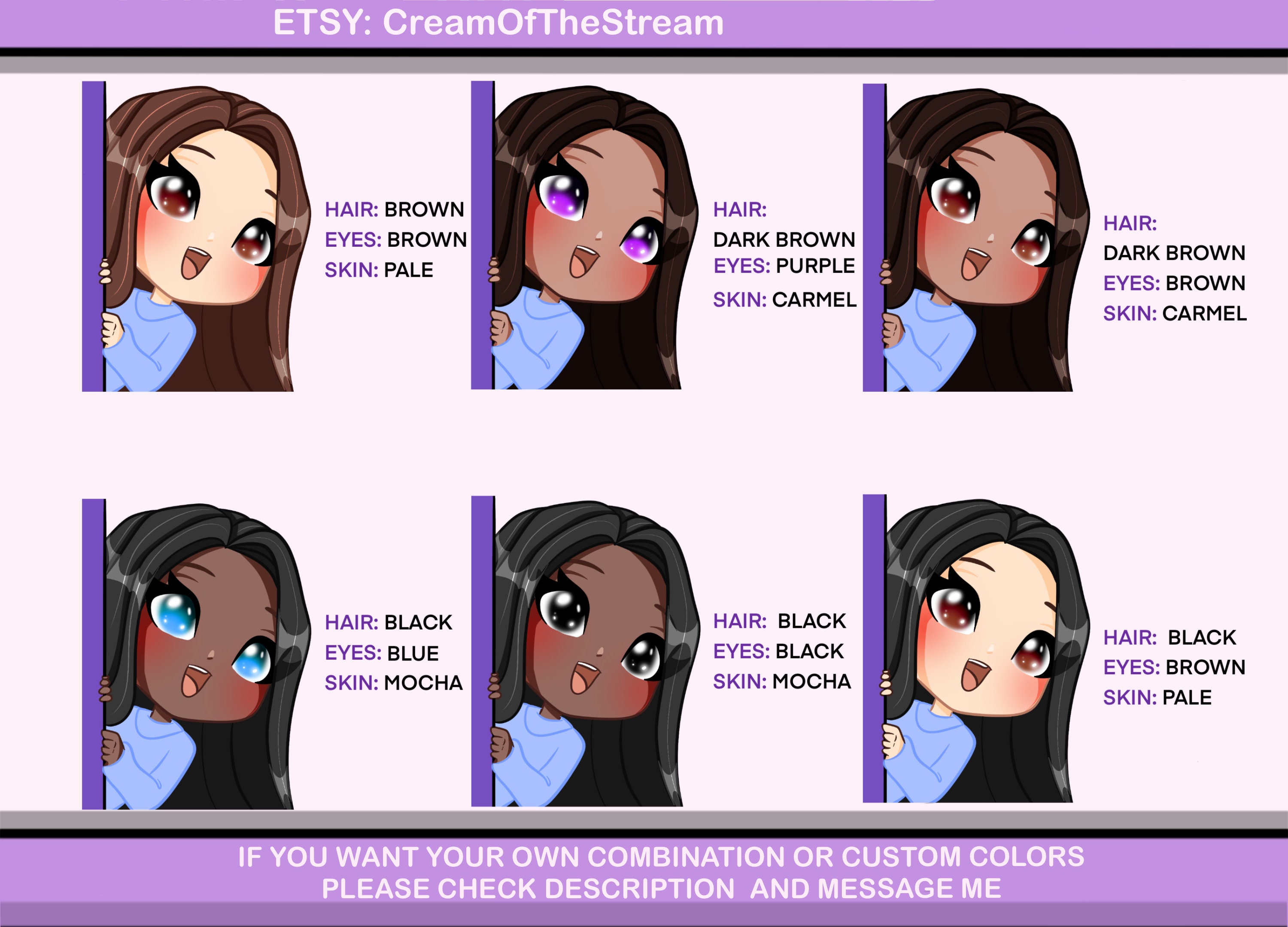 Twitch Emote 16pcs Pack ( Female ELISA : Black Hair | Brown Eyes | Pale ...