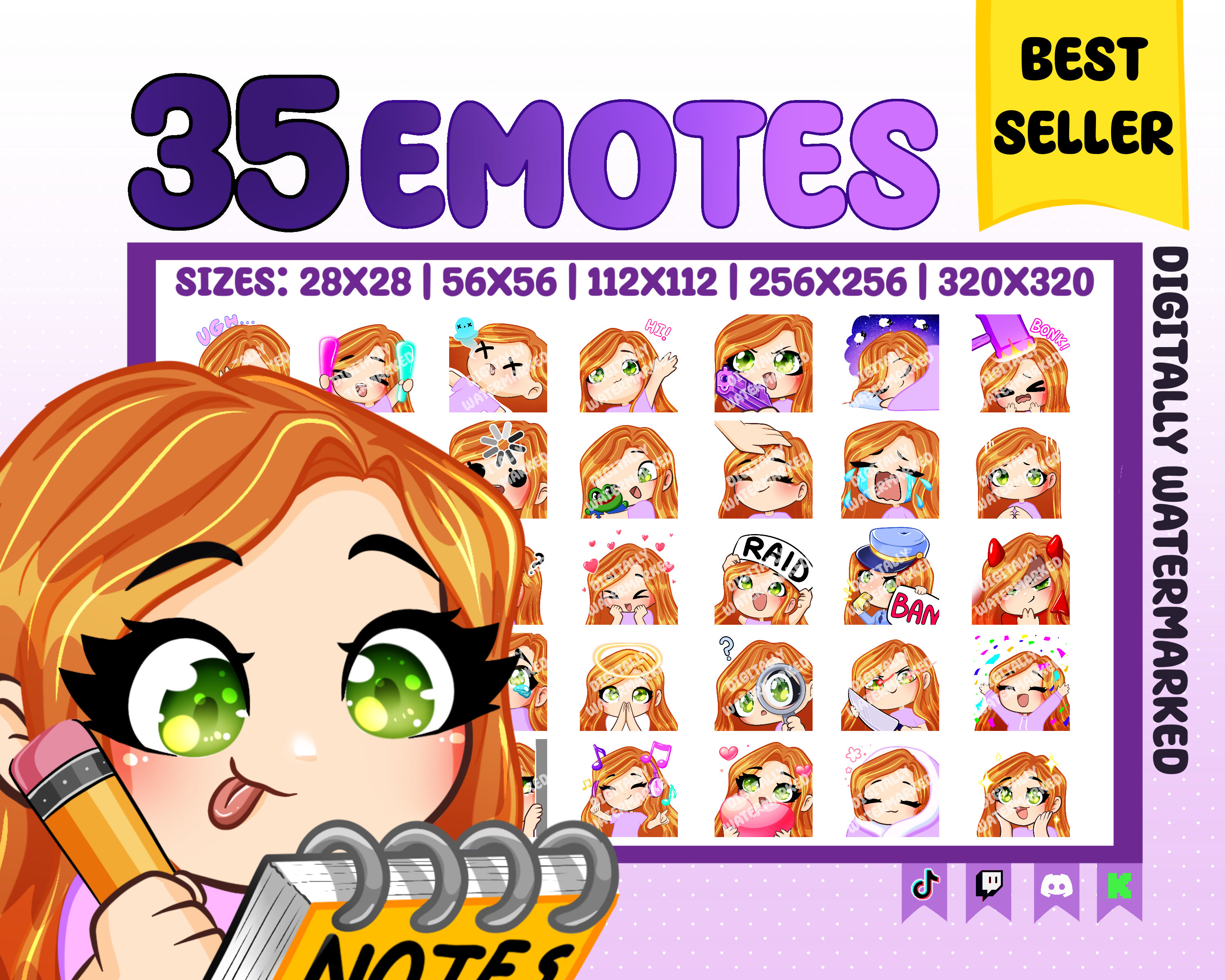 Kick Emotes Chibi Girl Ginger Hair Vanilla Skin Green Eyes - Etsy