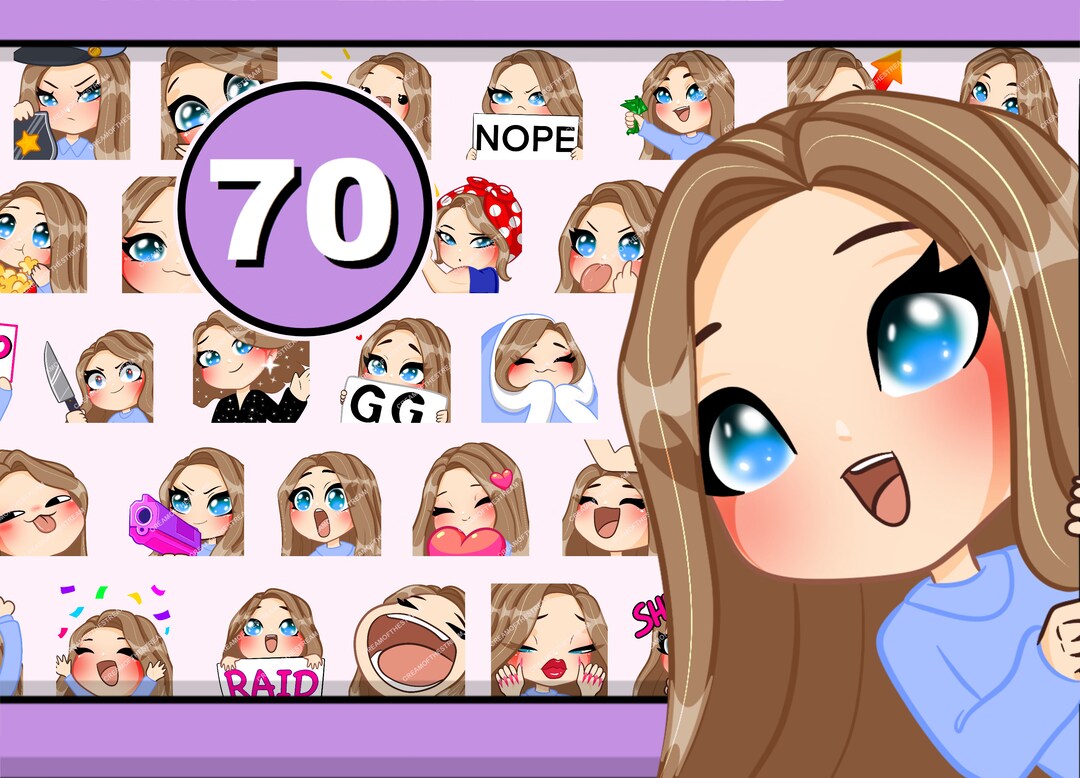 Discord Emotes Emojis 70pcs ( Girl EMILY : Light Brown Hair | Blue Eyes ...