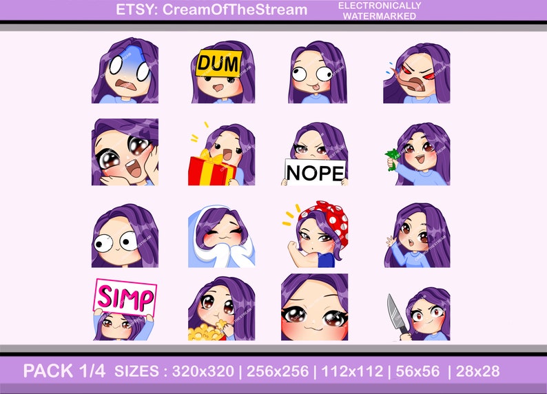 Emotes Twitch Chibi Girl 70pcs (girl CLIO : Purple Hair | Brown Eyes ...