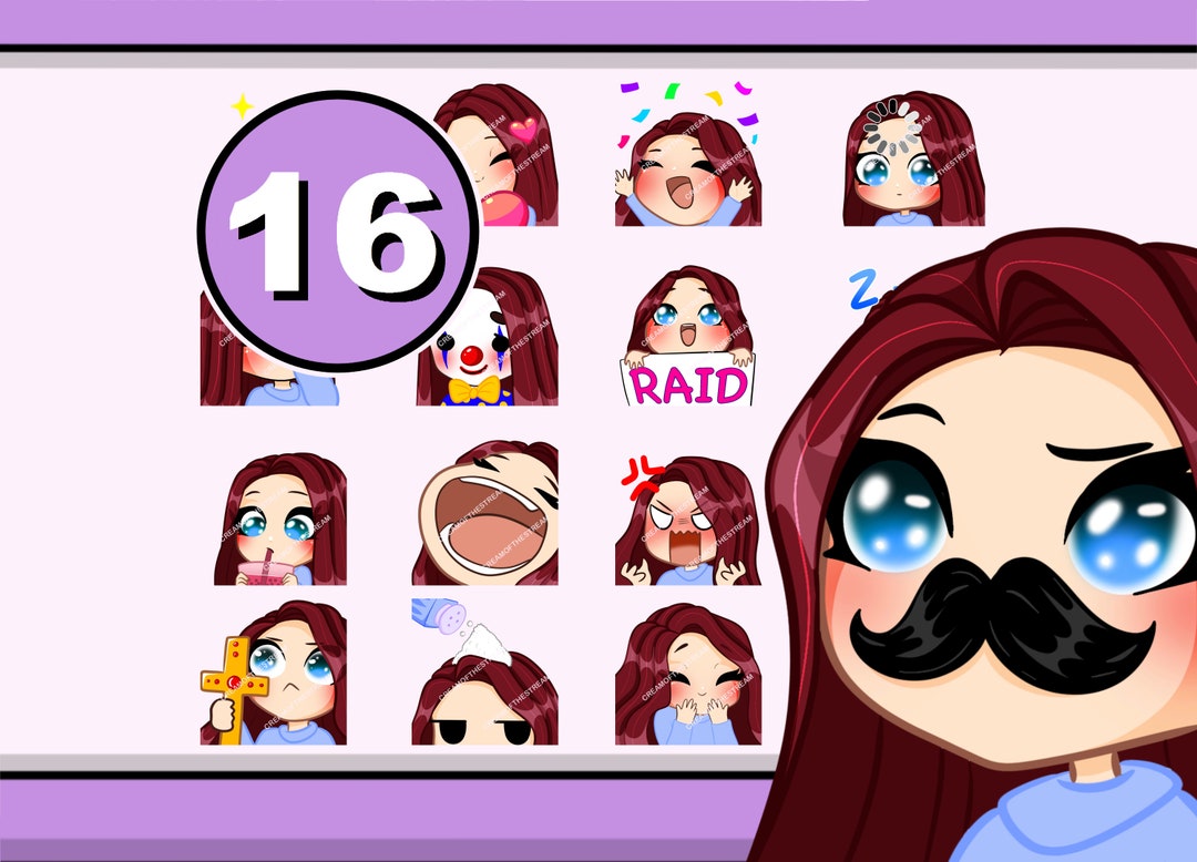 Twitch Emotes 16pcs ( Megan | Maroon Hair | Blue Eyes | Pale Skin ) - Etsy