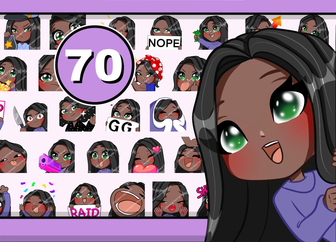 70pcs Chibi Girl Twitch Emotes ( Female ASIA: Black Hair | Emerald Eyes ...
