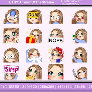 Twitch Emotes Bundle 16pcs ( Girl SARAH : Light Brown Hair | Emerald ...