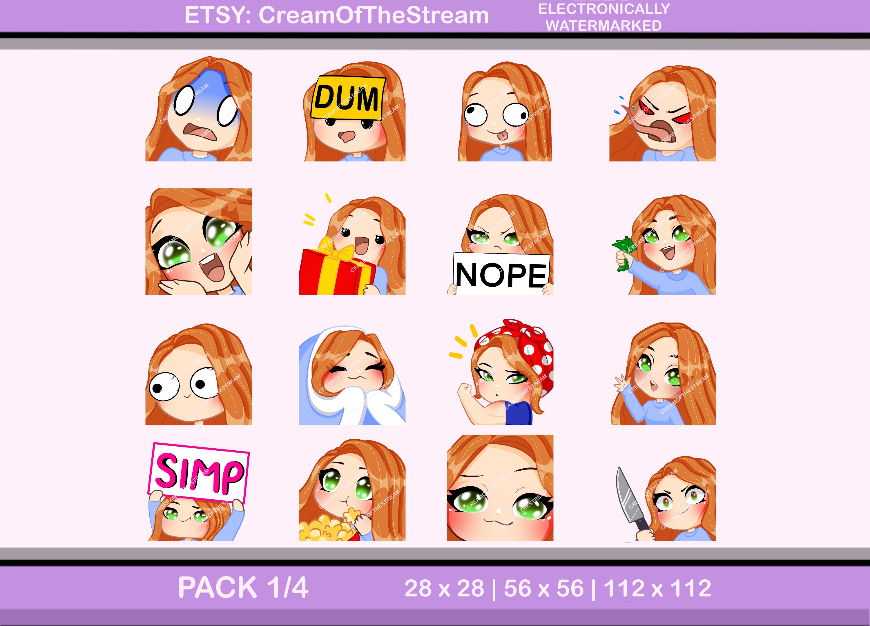 Cute Girl Emotes 16pcs Pack Girl GINA : Ginger Hair Green - Etsy
