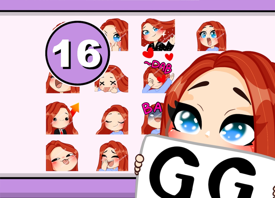Twitch Emote Pack Chibi Girl Emotes 16pcs ( RAJA : Ruby Hair | Blue ...