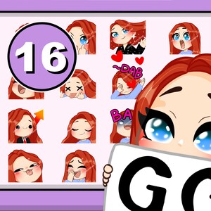 Twitch Emote Pack Chibi Girl Emotes 16pcs ( RAJA : Ruby Hair | Blue ...