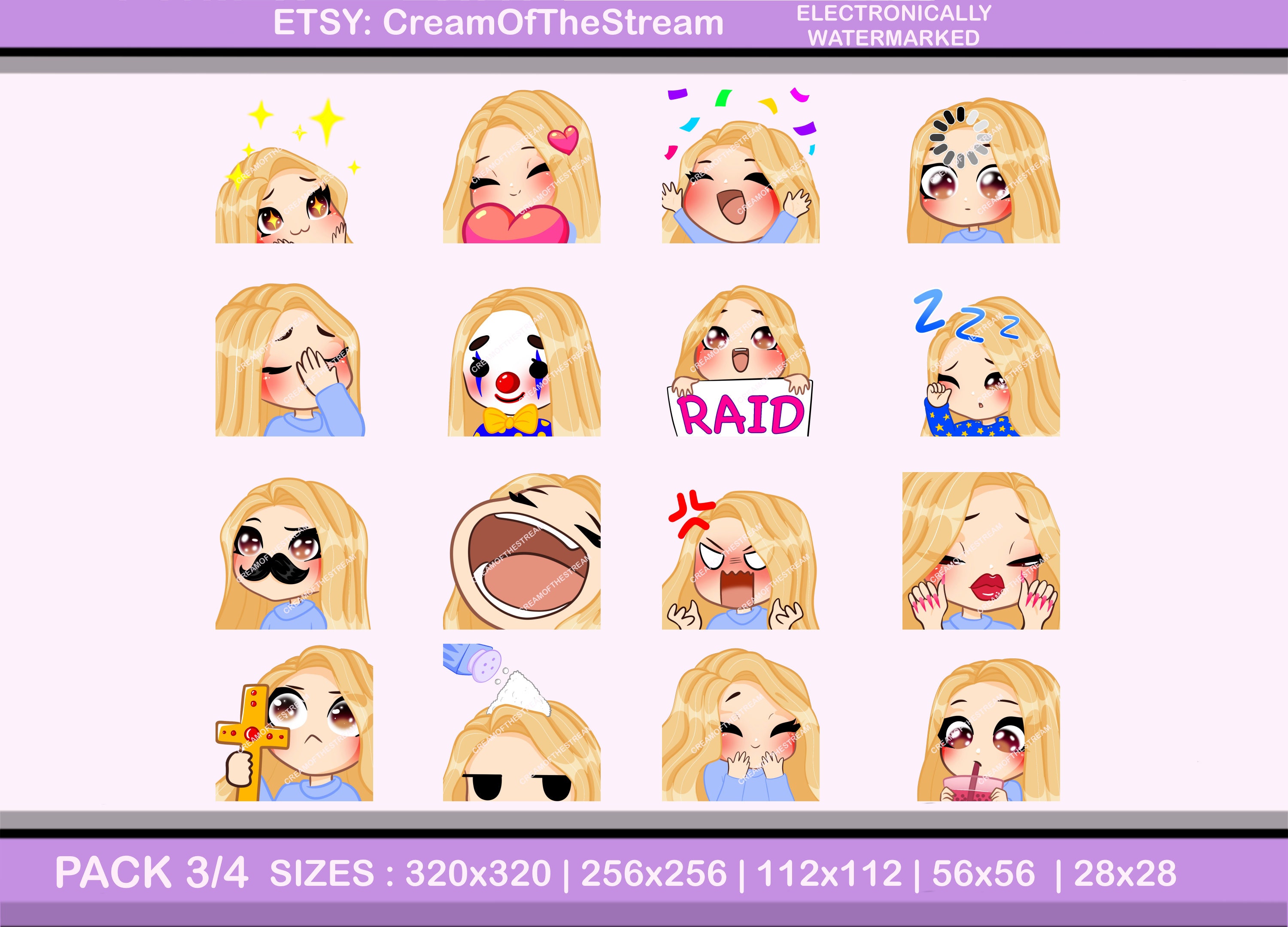 Twitch Emotes Girl Emote Kick Emotes 70pcs Pack ( Lesley : Blonde Hair ...