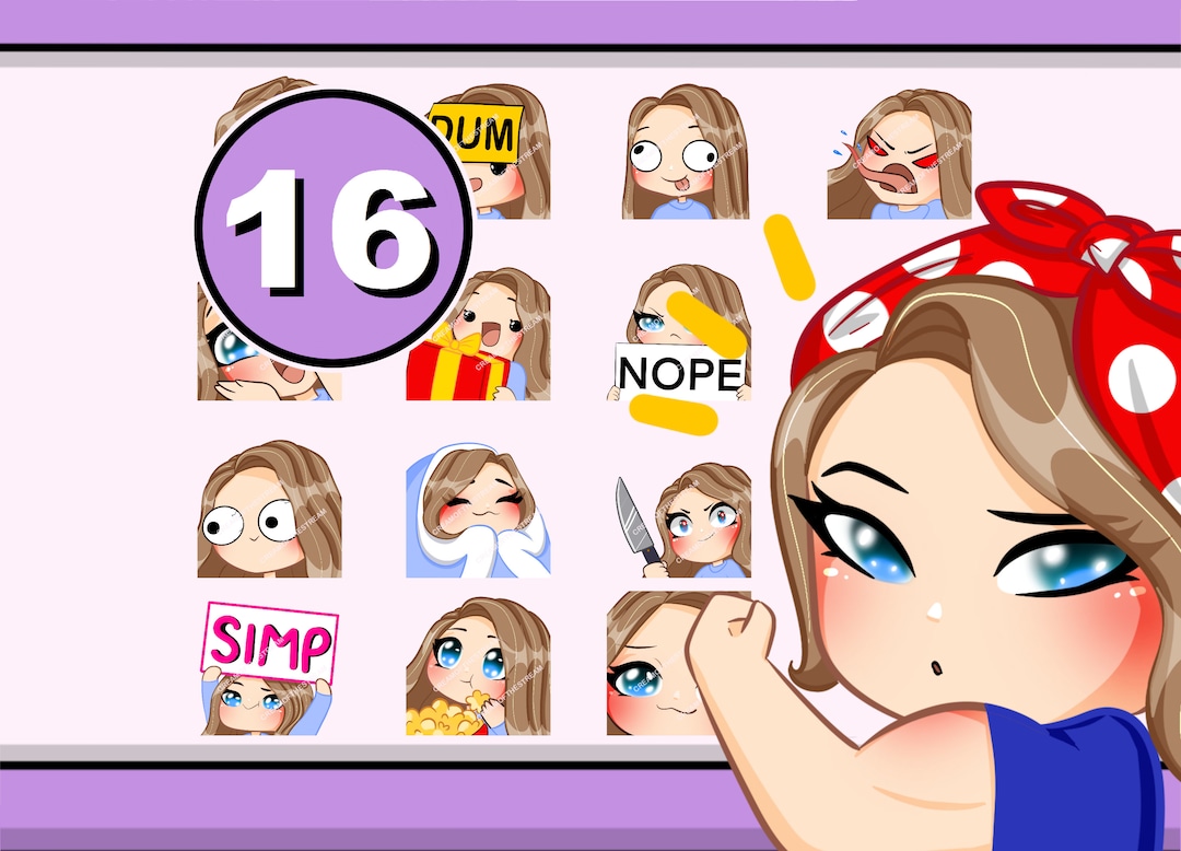 Twitch Emotes Bundle 16pcs ( Girl EMILY : Light Brown Hair | Blue Eyes ...