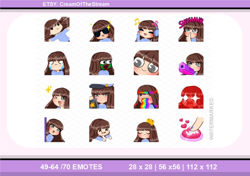 70pcs Chibi Girl Twitch Emotes Female Mysti FRINGE : Brown - Etsy