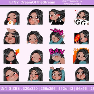 Twitch Chat Emotes 70pcs ( Girl JOAN: Black Hair | Brown Eyes | Carmel ...