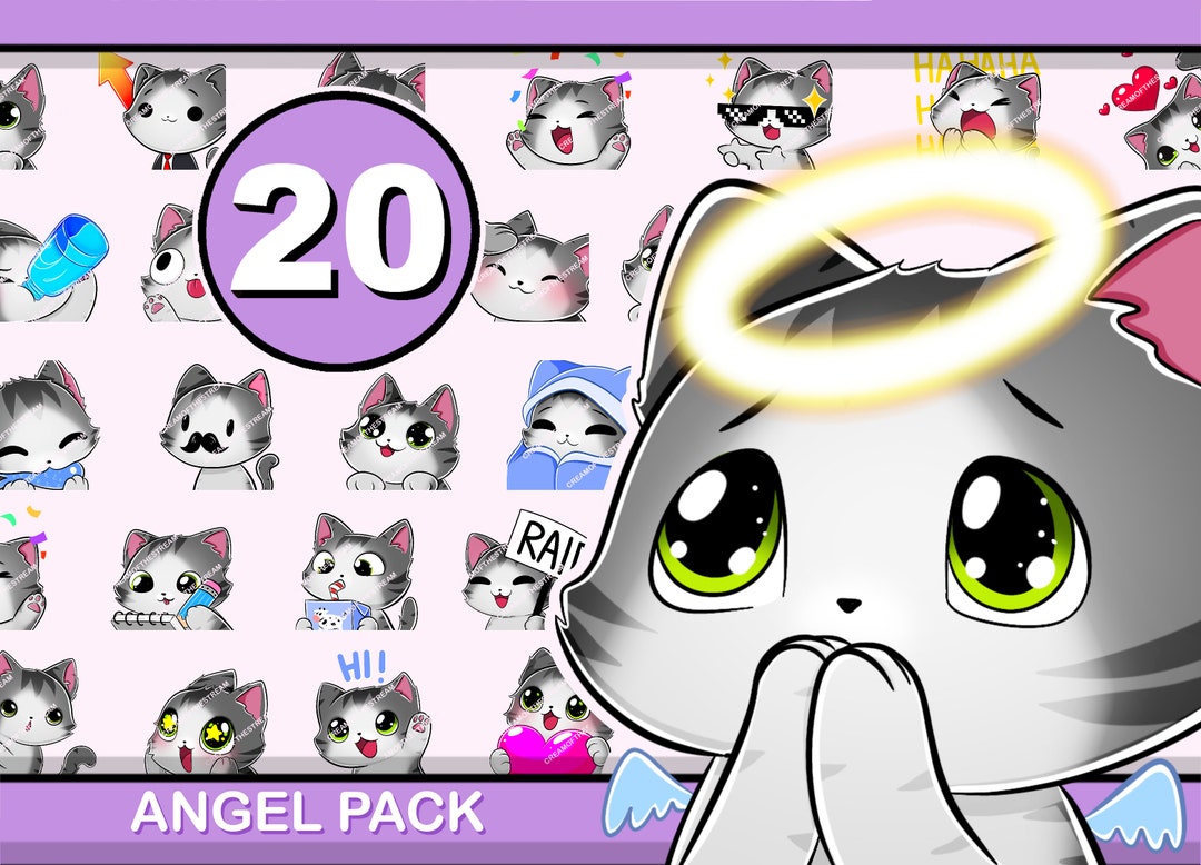 20 GREY-WHITE CAT Emotes Angel Pack cute Chibi Kitten Furry Pet Angel ...