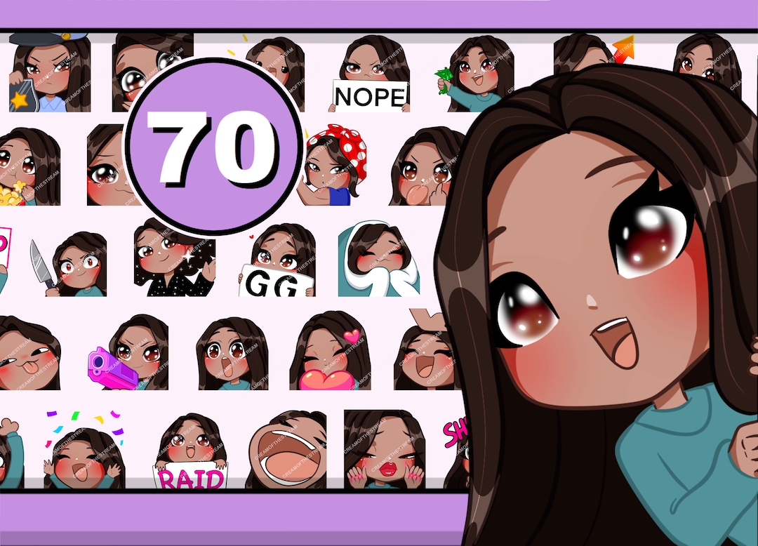 Funny Emote Twitch 70pcs Pack ( Girl NELL: Dark Brown Hair | Brown Eyes ...