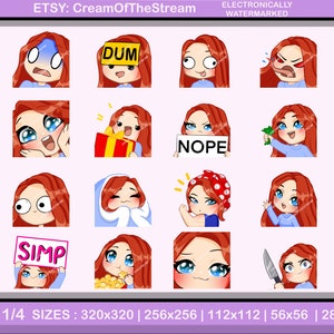 Stream Emote Twitch 16pcs Pack ( Girl RAJA : Ruby Hair | Blue Eyes ...