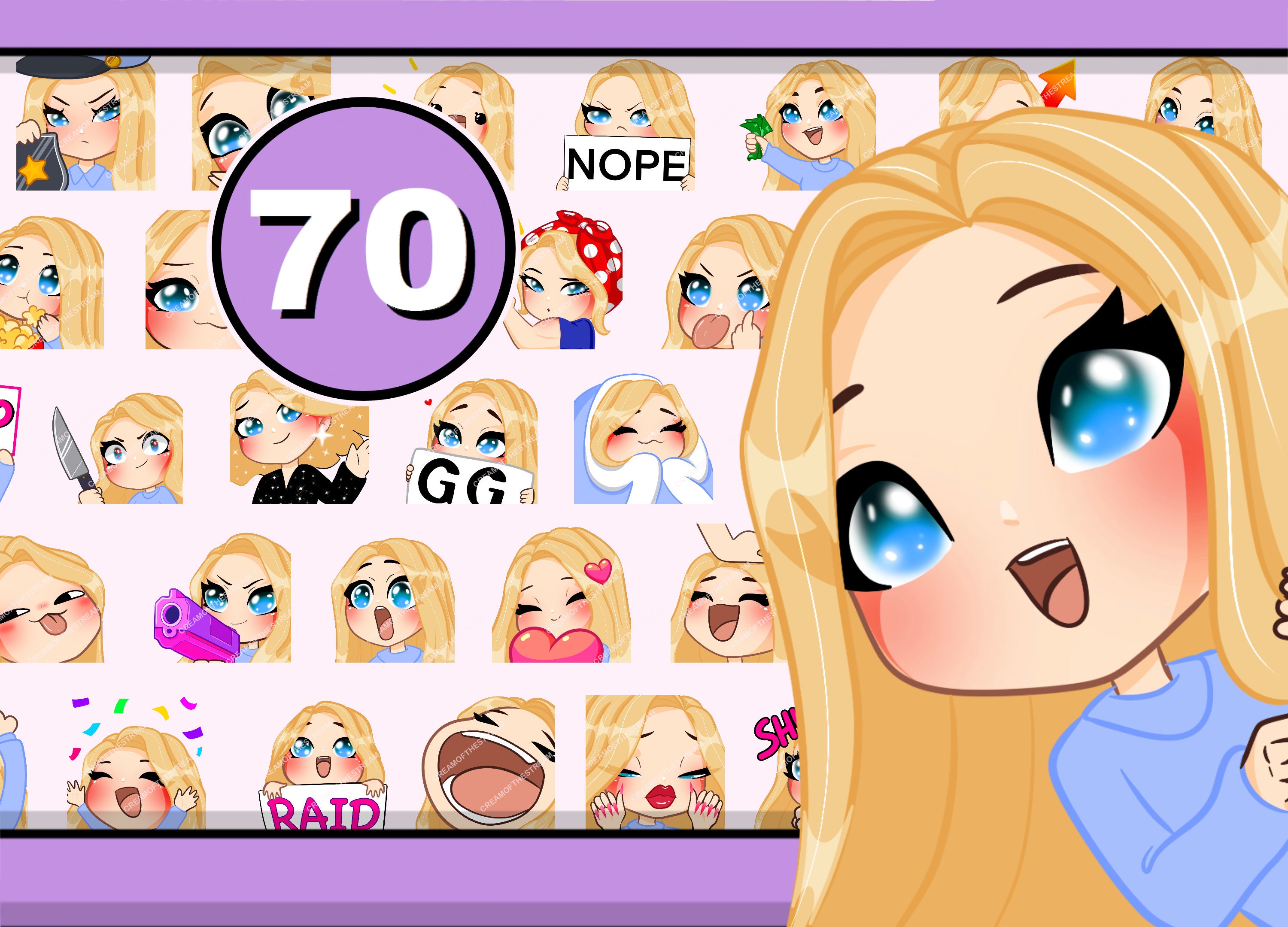 70pcs Chibi Girl Twitch Emotes ( Female LYDIA : Blond Hair | Blue Eyes ...