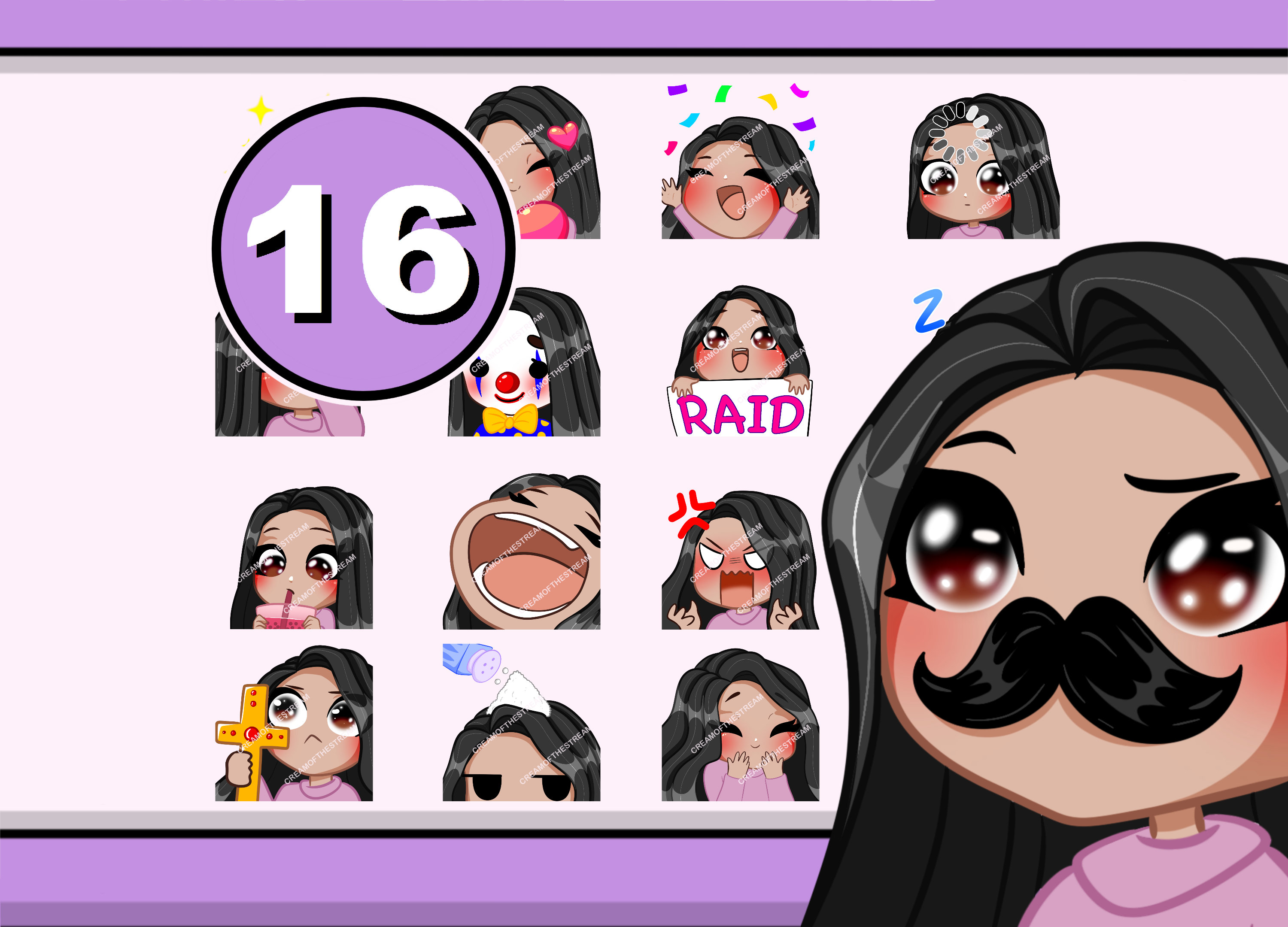 Emotes Twitch 16pcs Pack ( CINDY: Black Hair | Brown Eyes | Latte Skin ...