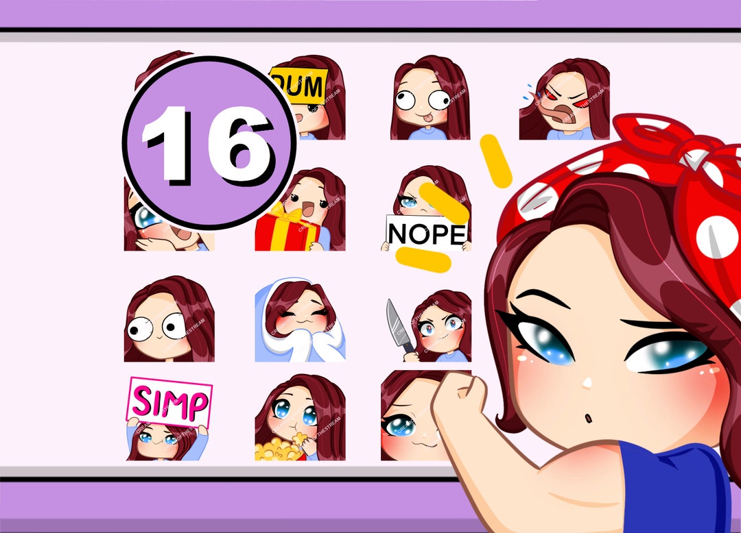 Pastel Emote Twitch 16pcs Bundle Pack ( Megan | Maroon Hair | Blue Eyes ...
