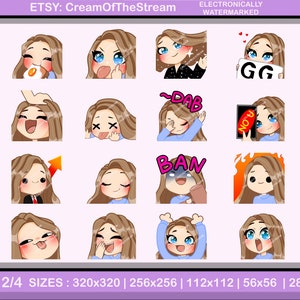70pcs Chibi Girl Twitch Emotes ( Female EMILY : Light Brown Hair | Blue ...