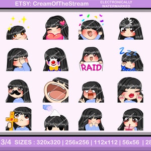70pcs Chibi Girl Twitch Emotes ( Female Elisa FRINGE : Black Hair ...