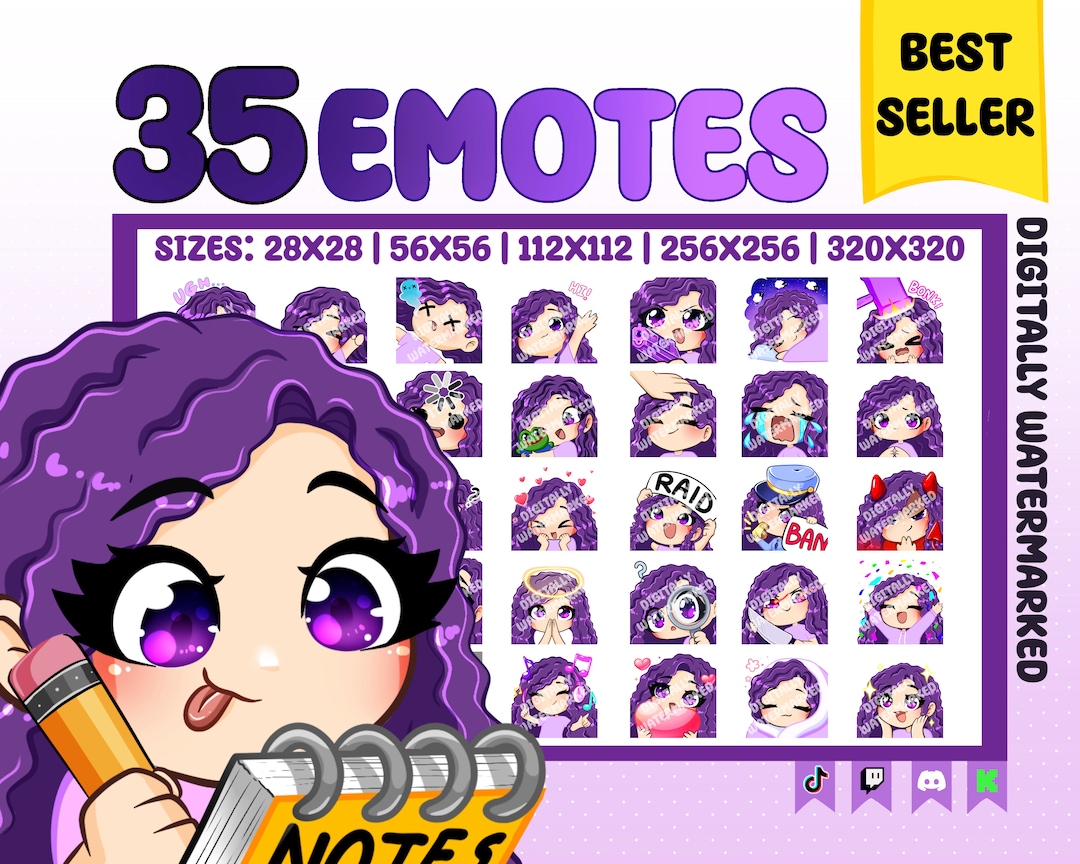 Cute Chibi Girl Twitch Emote Pack ( Purple Wavy Hair, Vanilla Skin ...