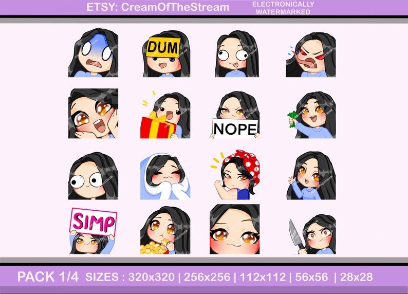 Twitch Emote Girl Egirl 70pcs Pack ( UNA : Black Hair | Honey Eyes ...