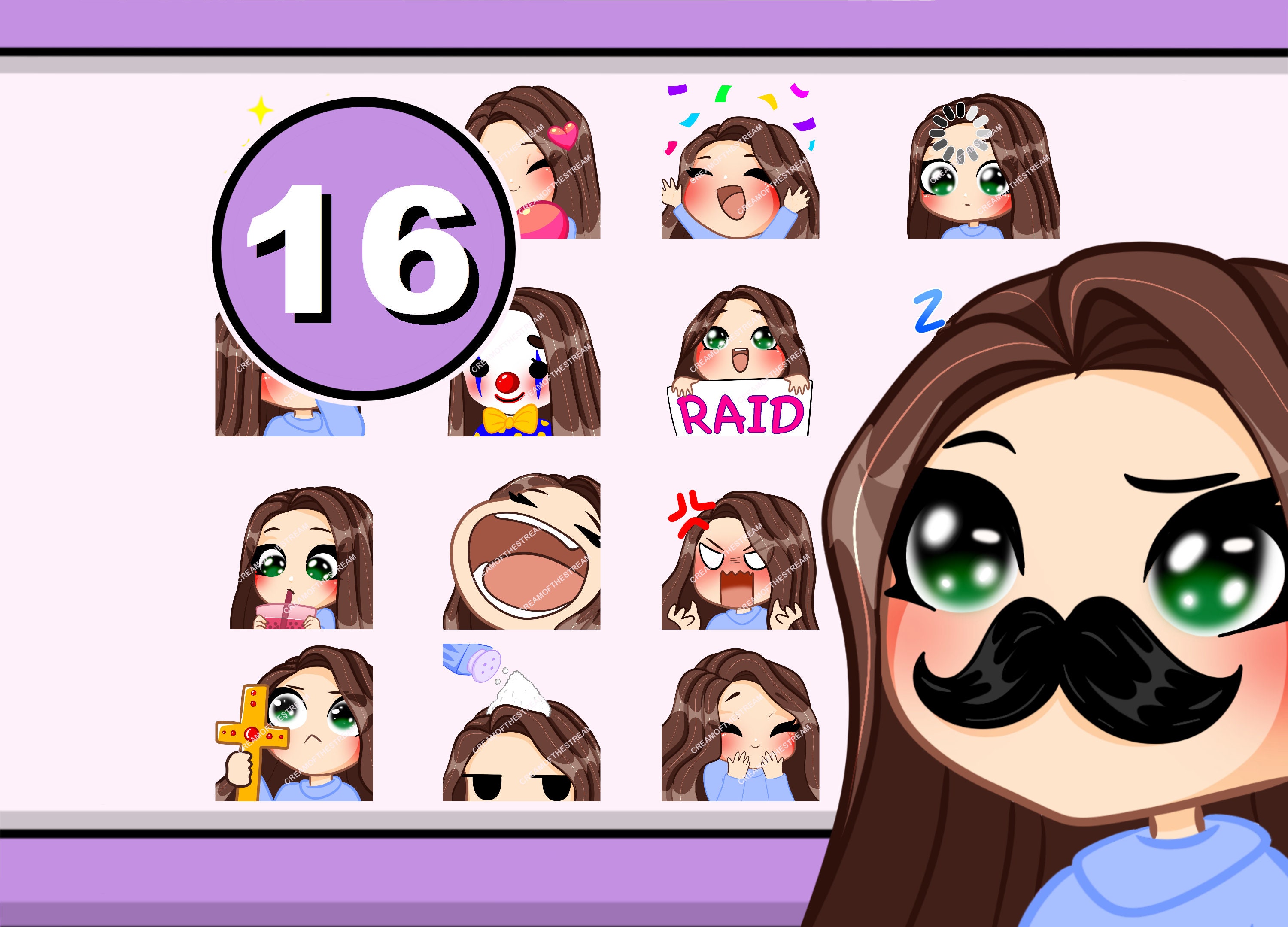 Emotes Twitch 16pcs ( Girl MELODY: Brown Hair | Emerald Eyes | Pale ...