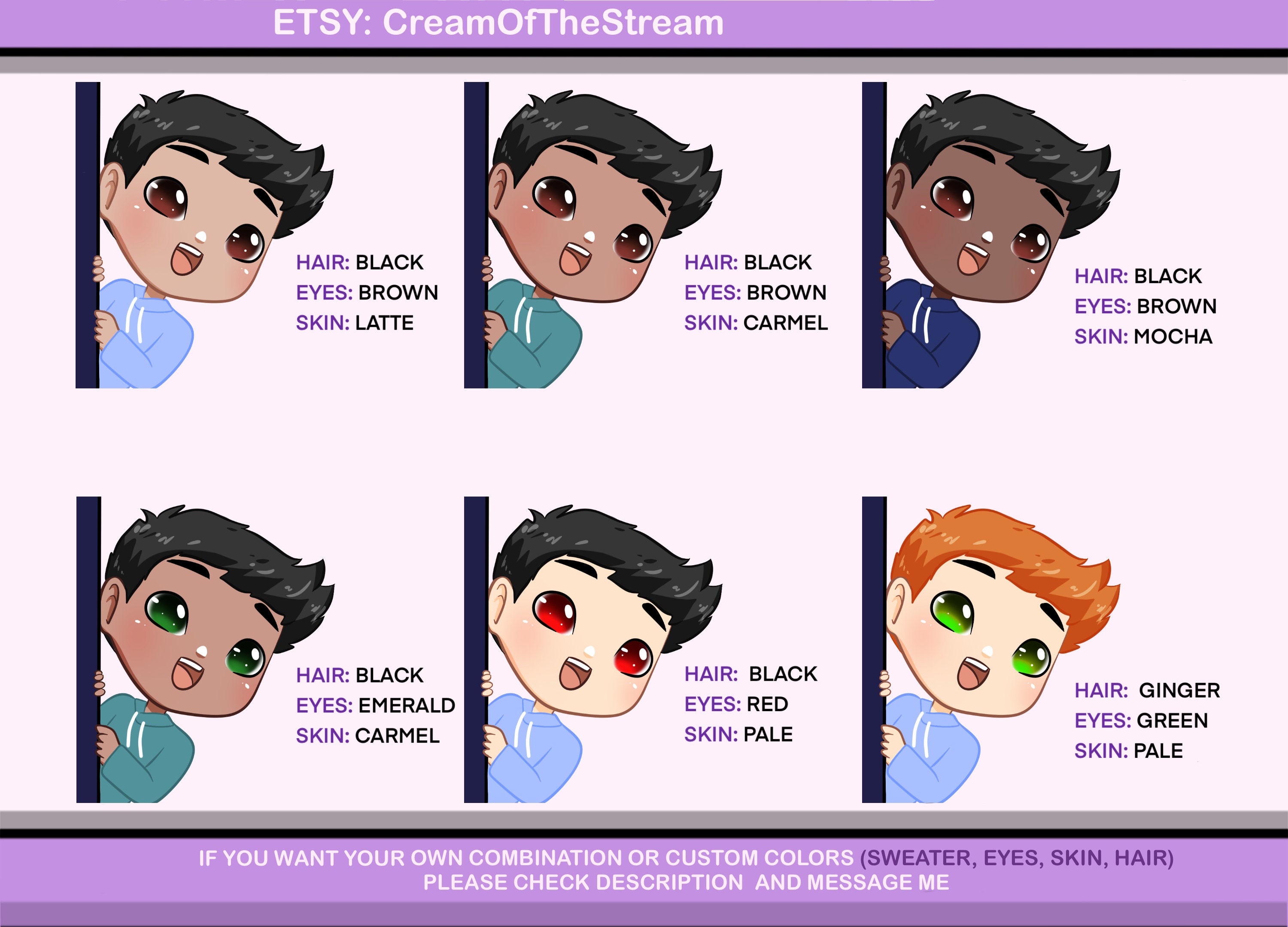 Kick Emotes 70pcs Chibi Boy ( RAY : Black Hair | Brown Eyes | Mocha ...