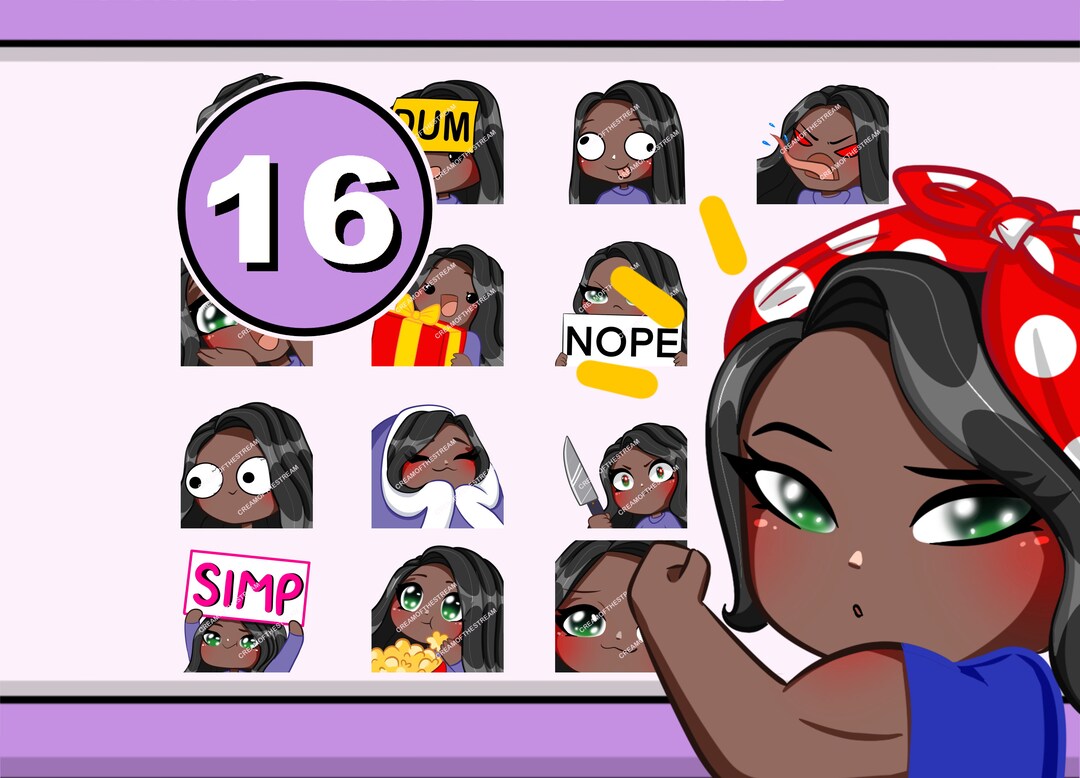 Girl Gamer Twitch Emotes 16pcs Pack ( ASIA: Black Hair | Emerald Eyes ...