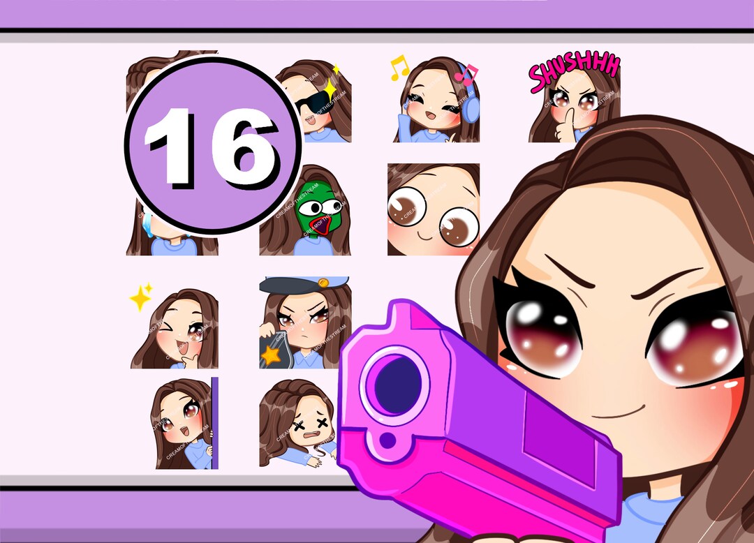 Emote Twitch Chibi Girl Emotes 16pcs ( Ursula | Brown Hair | Hazel Eyes ...