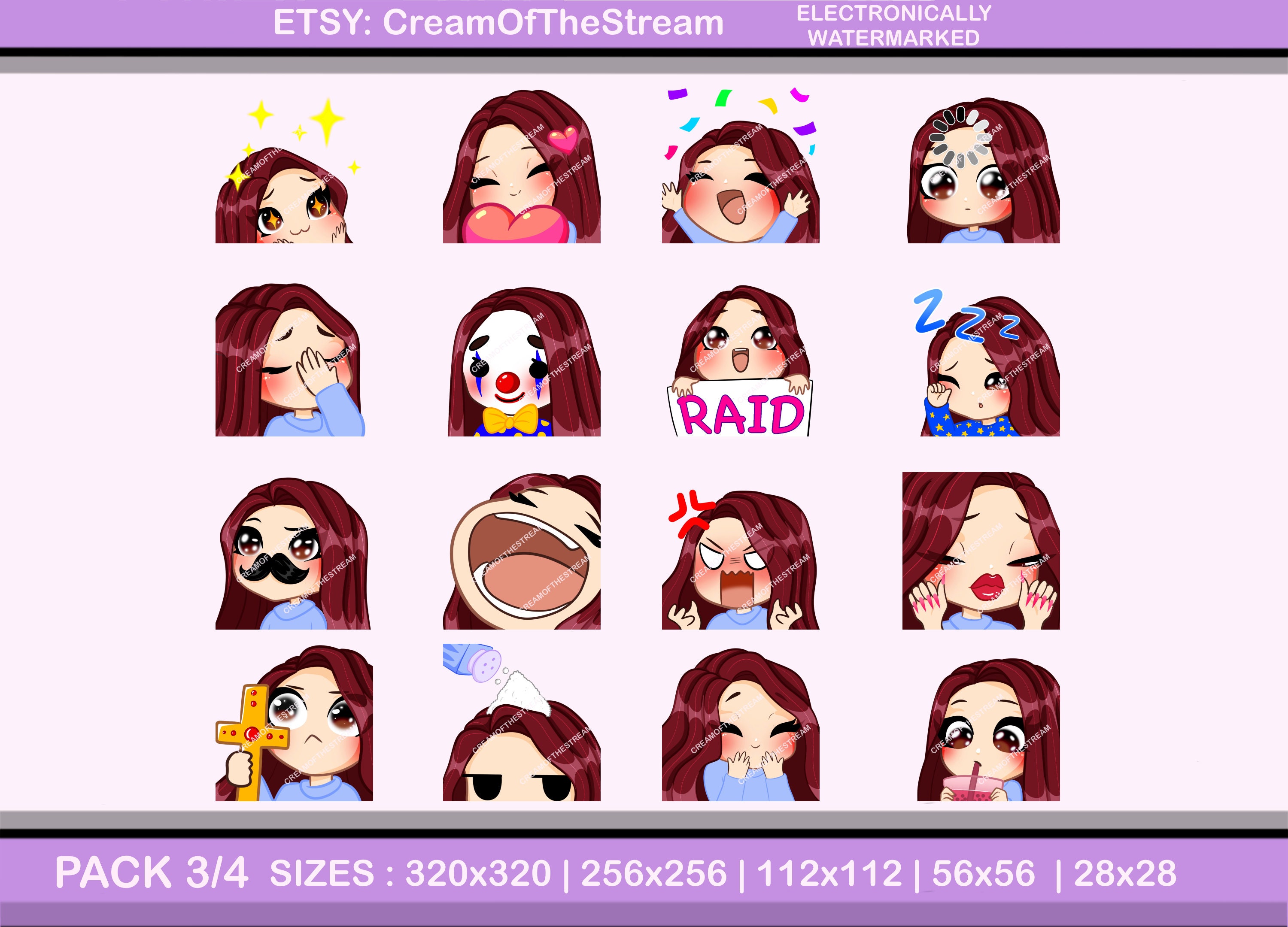 70pcs Chibi Girl Twitch Emotes ( Female JANE : Maroon Hair | Brown Eyes ...