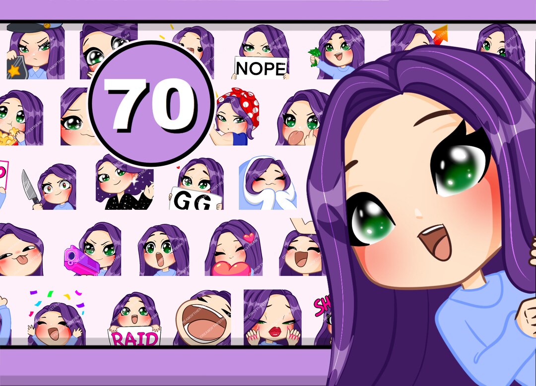 70pcs Chibi Girl Twitch Emotes (female VIVIAN : Purple Hair | Emerald ...