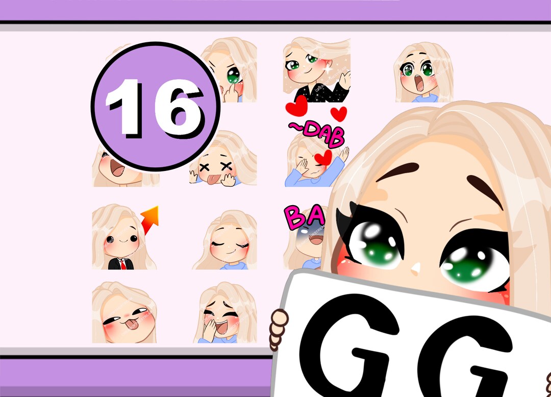 Twitch Emotes 16pcs ( Girl MYA : Light Blond Hair | Emerald Eyes | Pale ...