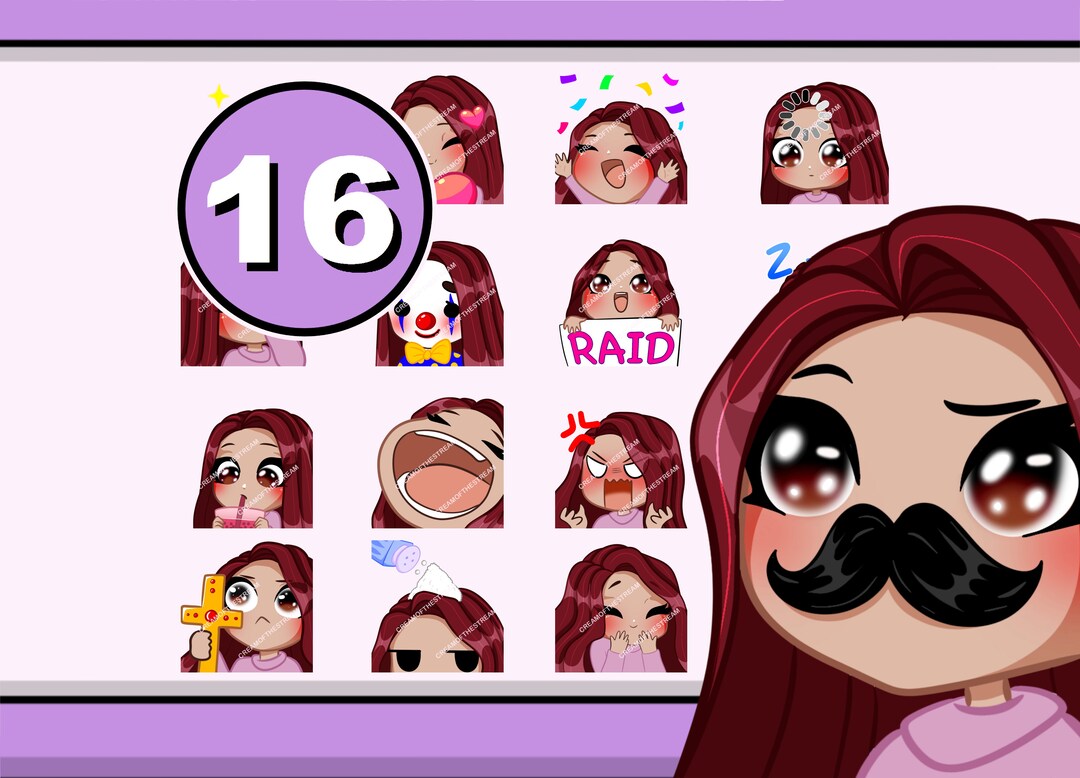 Emote Twitch Chibi Girl Emotes 16pcs ( Valerie | Maroon Hair | Brown ...