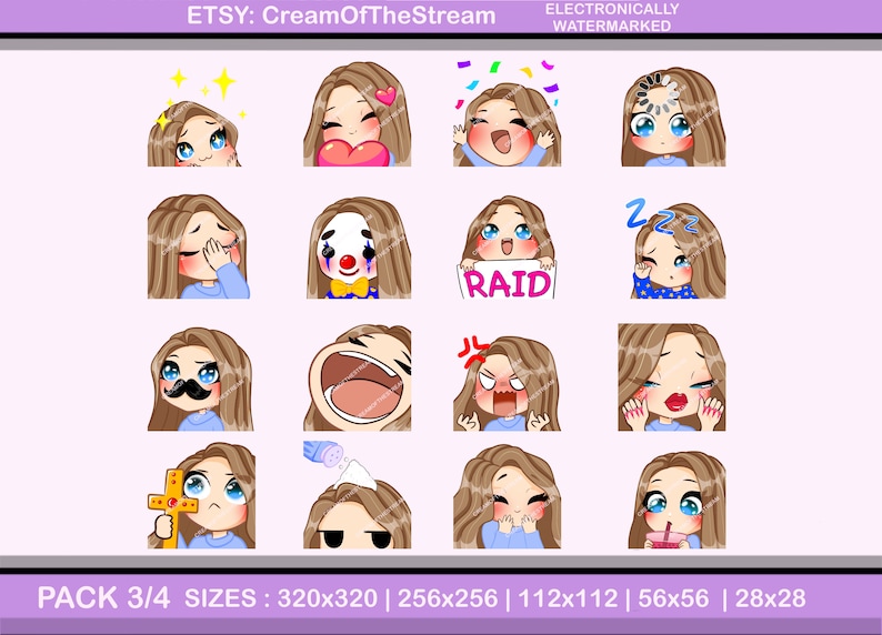 Discord Emotes Emojis 70pcs ( Girl EMILY : Light Brown Hair | Blue Eyes ...