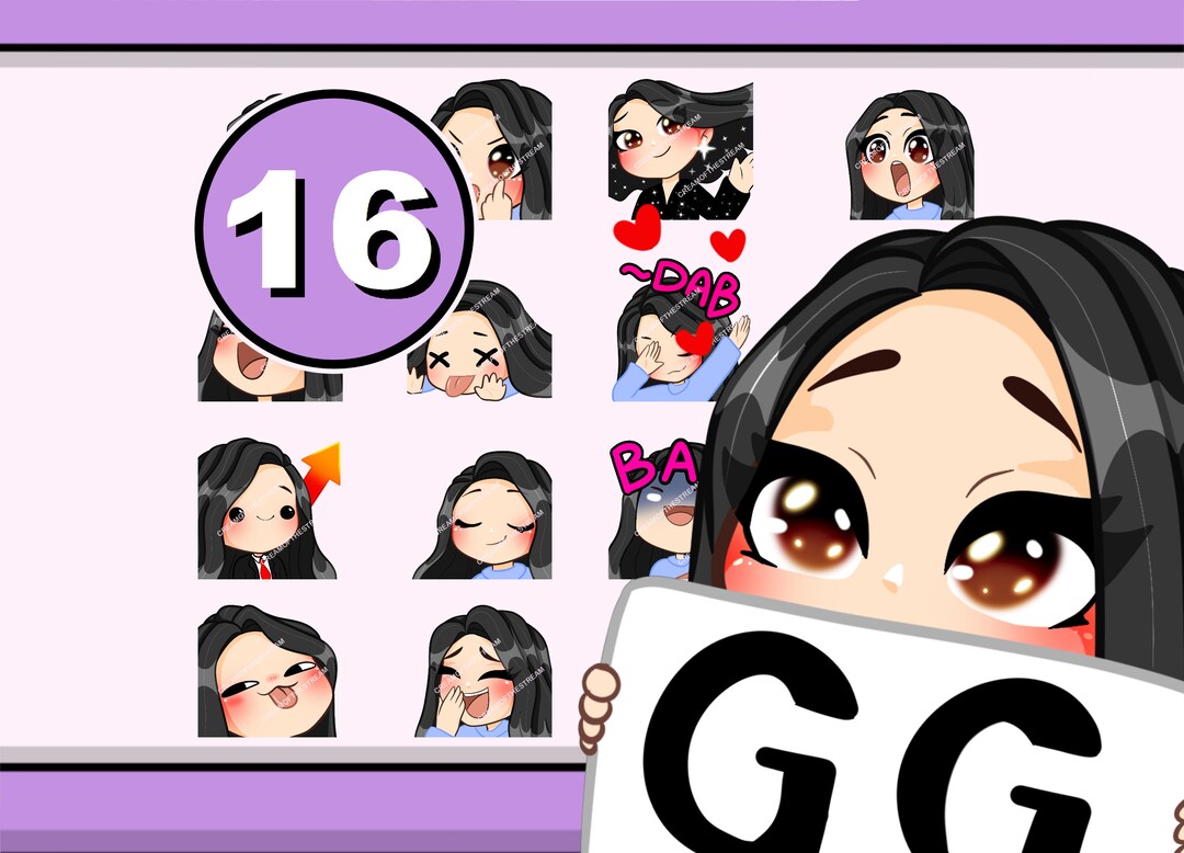 Twitch Emote 16pcs Pack ( Female ELISA : Black Hair | Brown Eyes | Pale ...