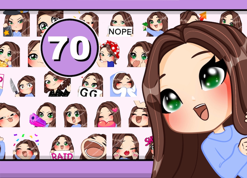 P2U Emotes Chibi Girl Emotes 70pcs ( Girl MELODY: Brown Hair | Emerald ...