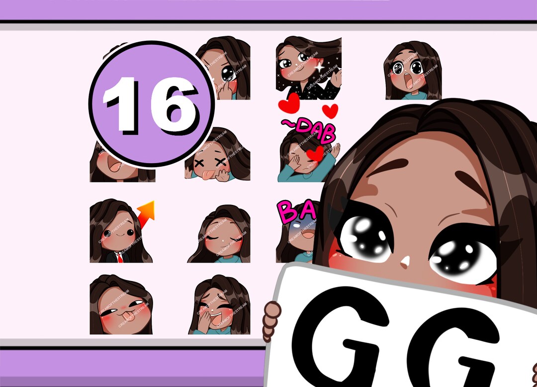 Twitch Emote Pack 16pcs ( Female OLIVIA : Dark Brown Hair | Black Eyes ...