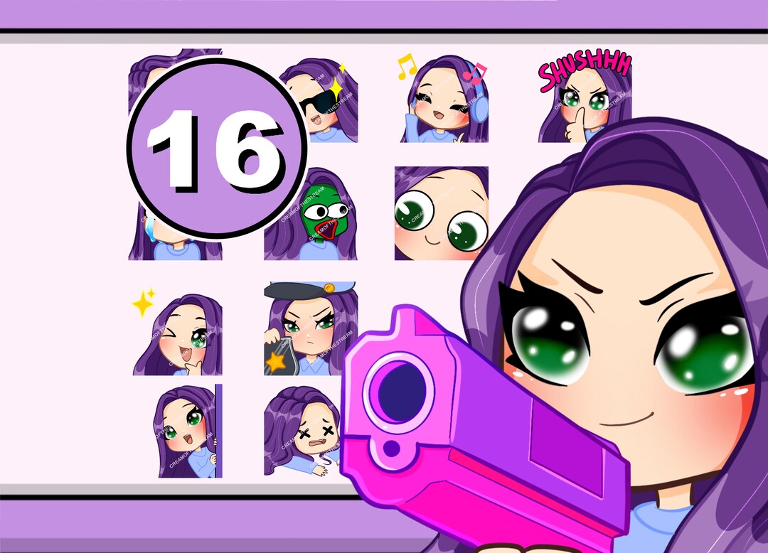 Discord Emotes 16pcs ( VIVIAN : Purple Hair | Emerald Eyes | Pale Skin ...