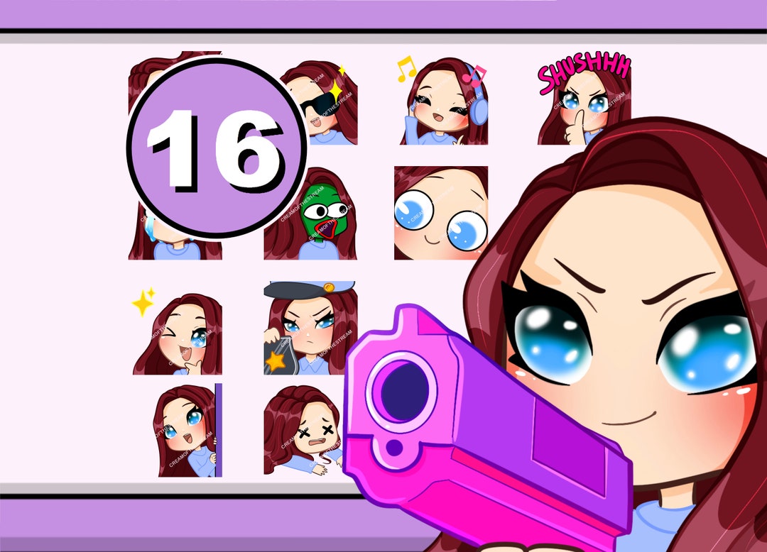 Twitch Emote Pack 16pcs ( Megan | Maroon Hair | Blue Eyes | Pale Skin ...