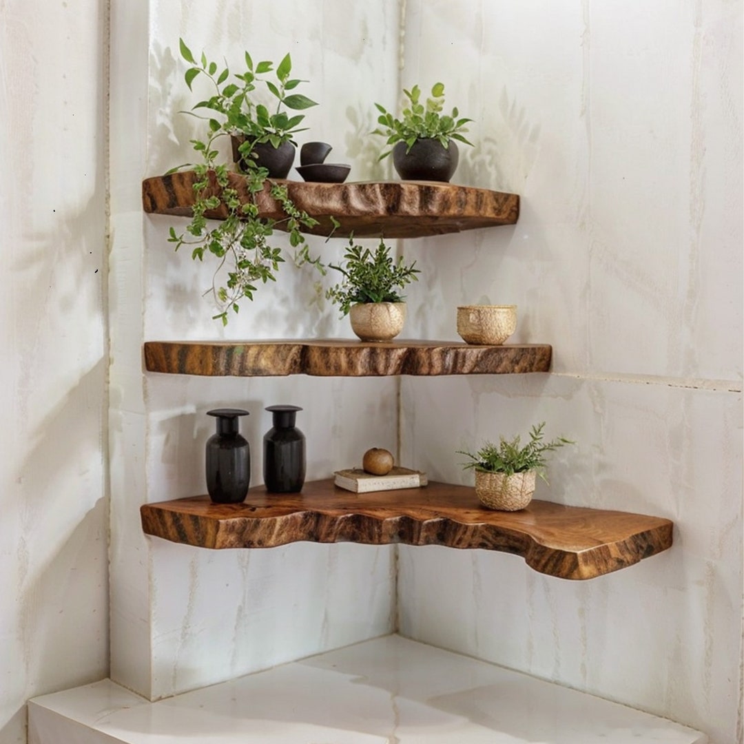 Live Edge Corner Floating Shelves Solid Wood Book Shelf Decor on Wall ...