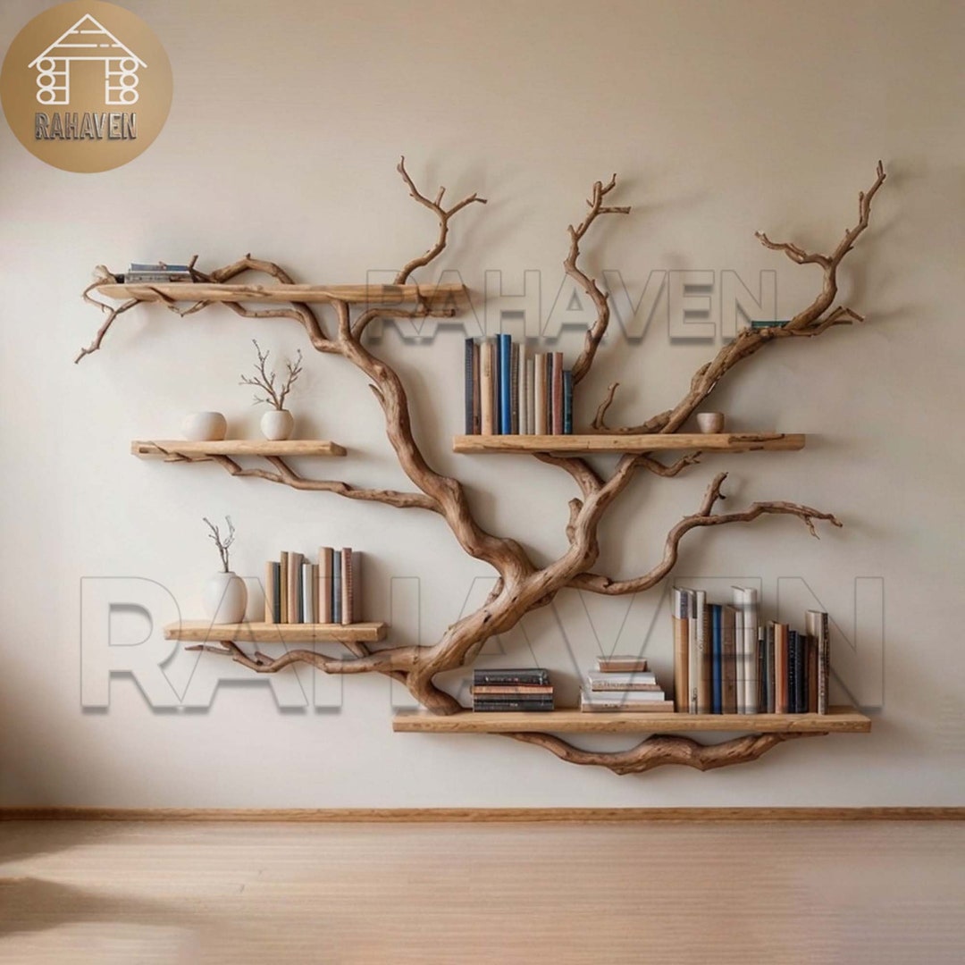 Driftwood Branch Tree Bookshelf Solid Wood Bookcase Wooden Bookshelf for Wall - Etsy