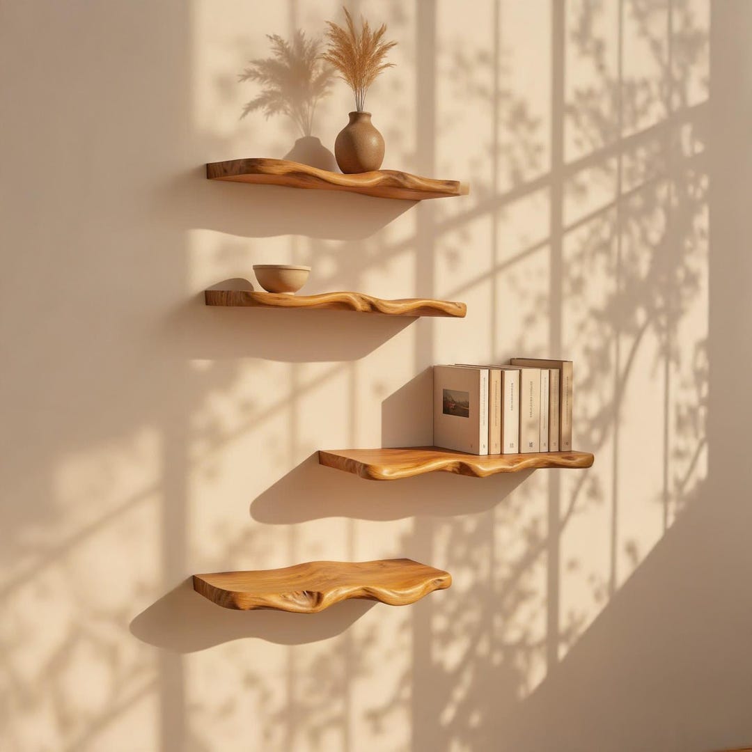 Wavy Floating Shelf Solid Wood Bookshelf Wall Mount Live Edge Shelves ...