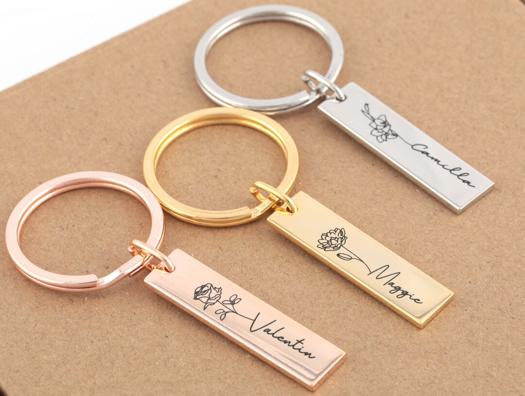 Custom Name Birth Flower Keychain, Birth Month Flower Keyring, Flower ...