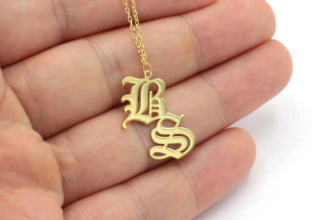Double Initial Necklace Old English Initial Necklace Gothic - Etsy
